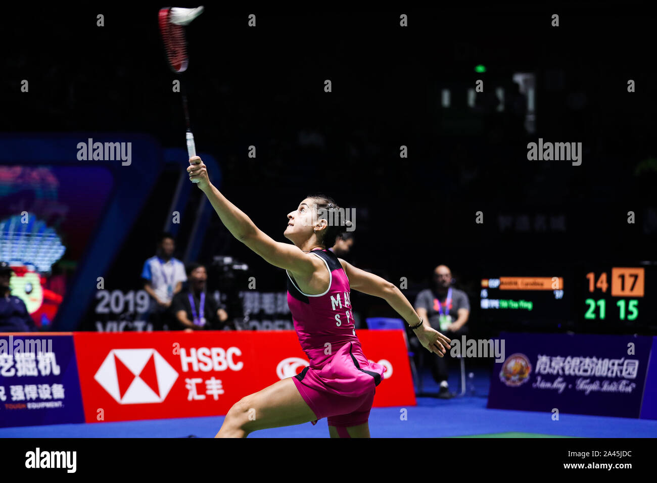 Spanish professional badminton player Carolina Marin competes against ...
