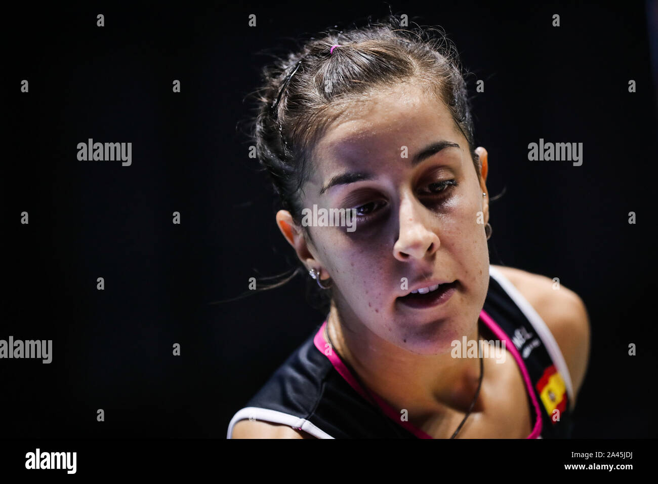 Spanish professional badminton player Carolina Marin competes against ...