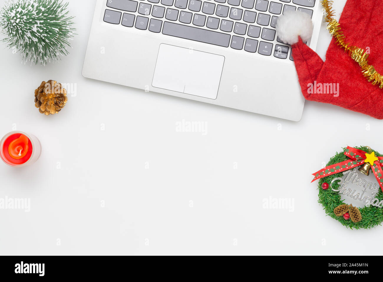 Flat Lay Top View Christmas Office Table Desk Party Concept Christmas Workspace With Laptop