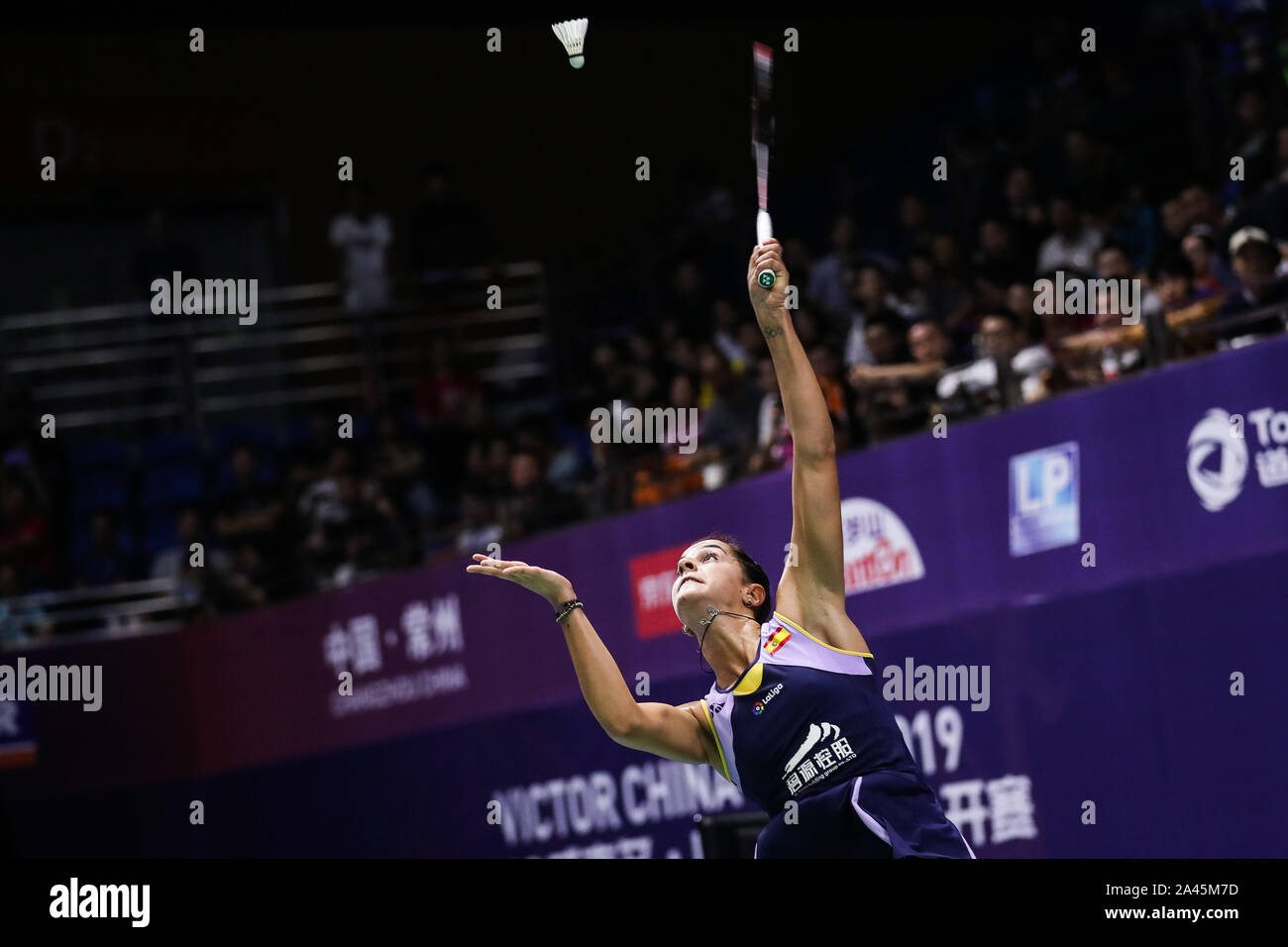 Spanish professional badminton player Carolina Marin competes against ...