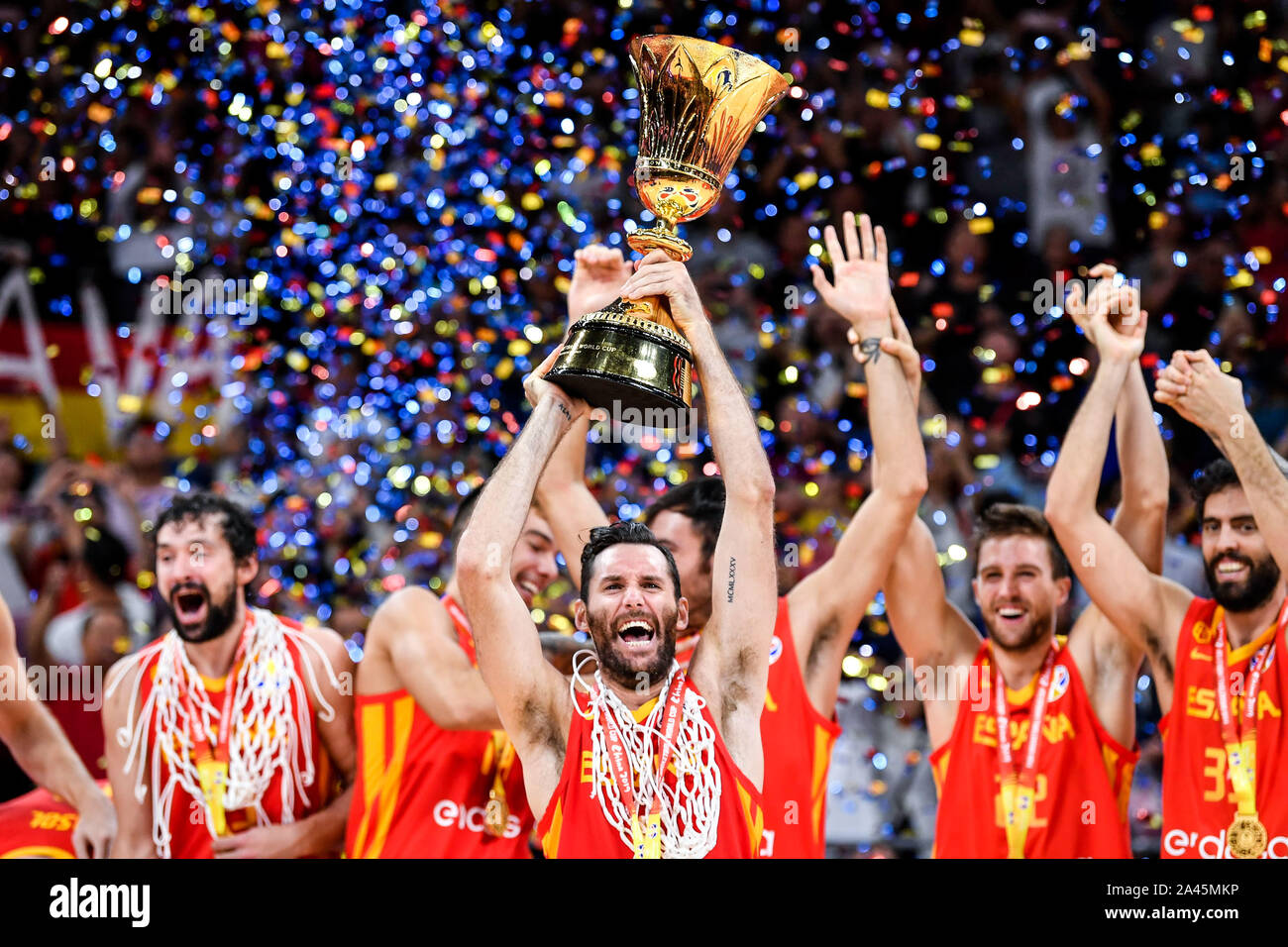 Basketball players of Spain celebrate winning the chaimpionships after ...