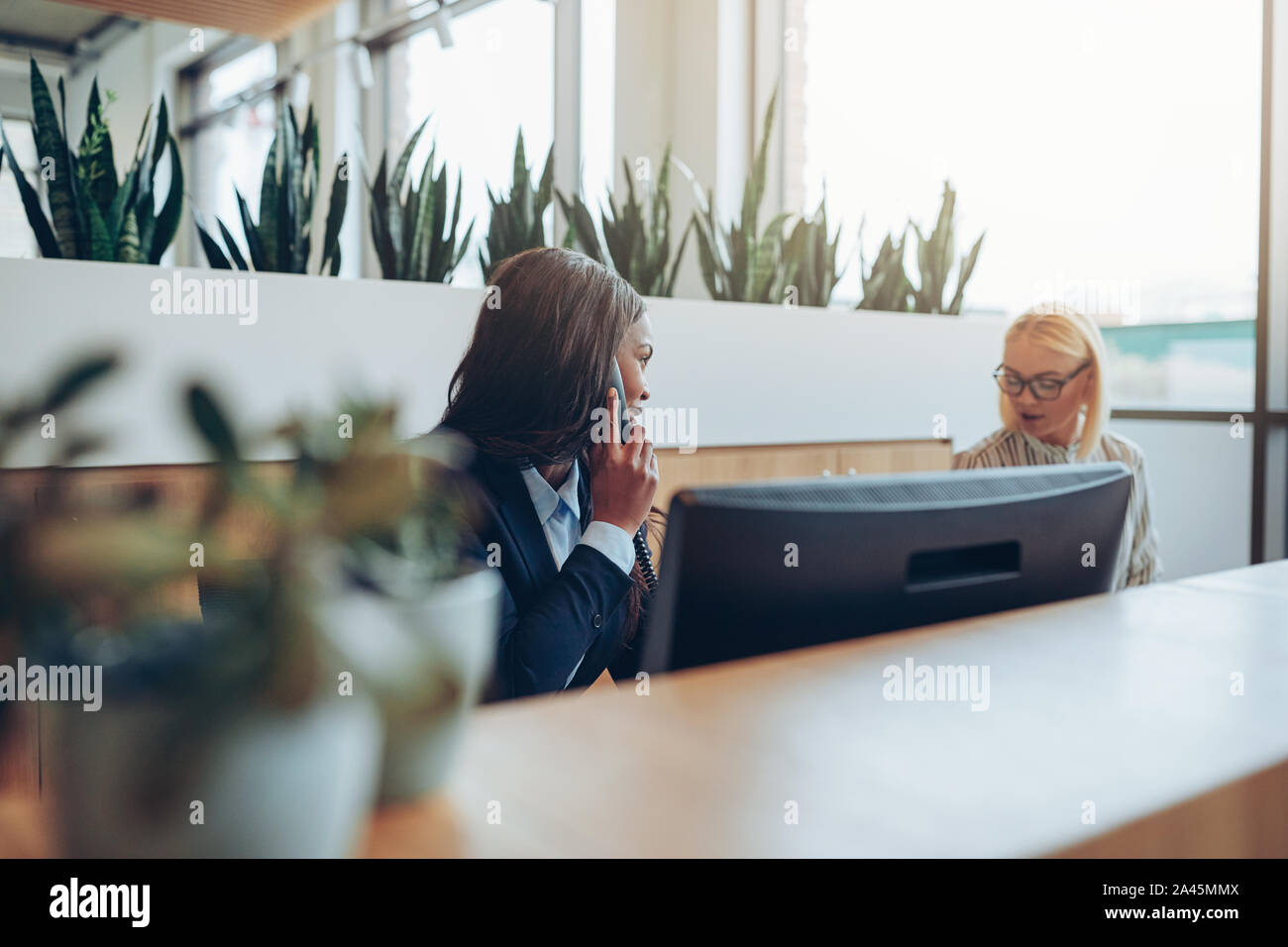 Two diverse young businesswomen working together at the reception desk ...