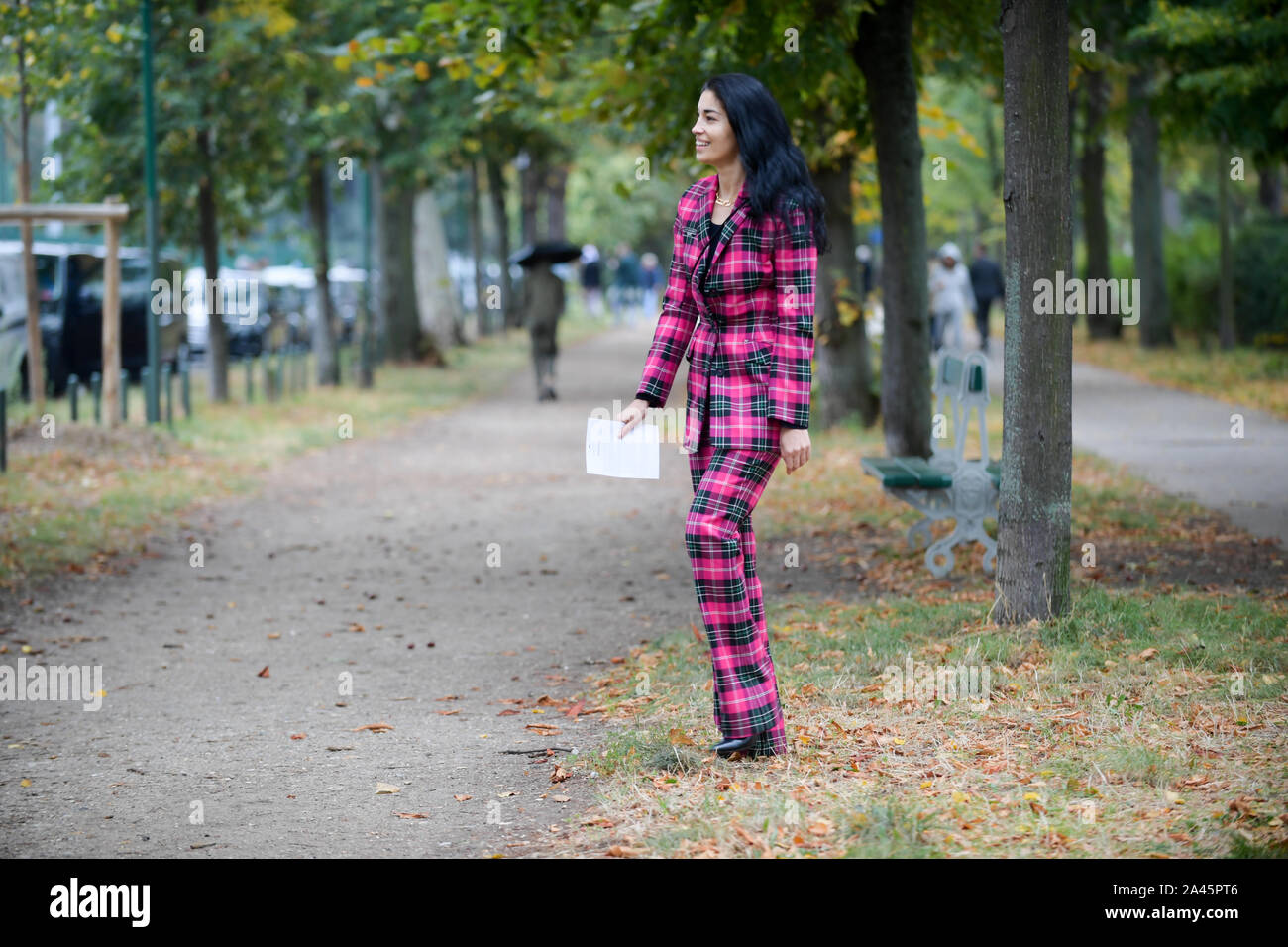 Caroline Issa poses for street snaps during the Marine Serre Womenswear ...