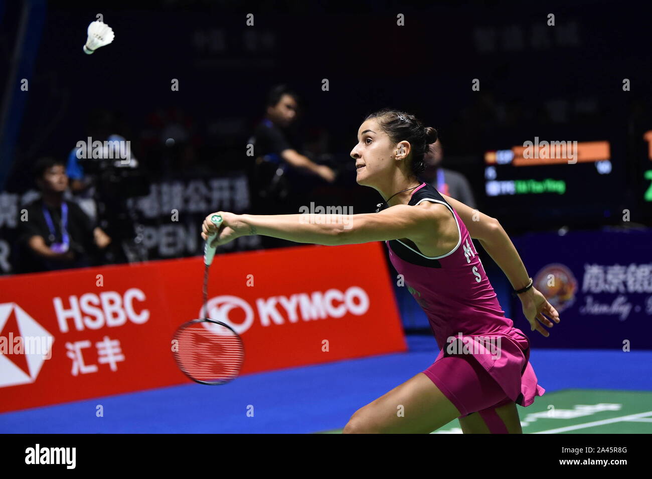 Spanish professional badminton player Carolina Marin competes against ...