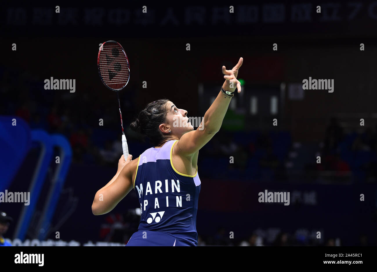Spanish professional badminton player Carolina Marin competes against ...