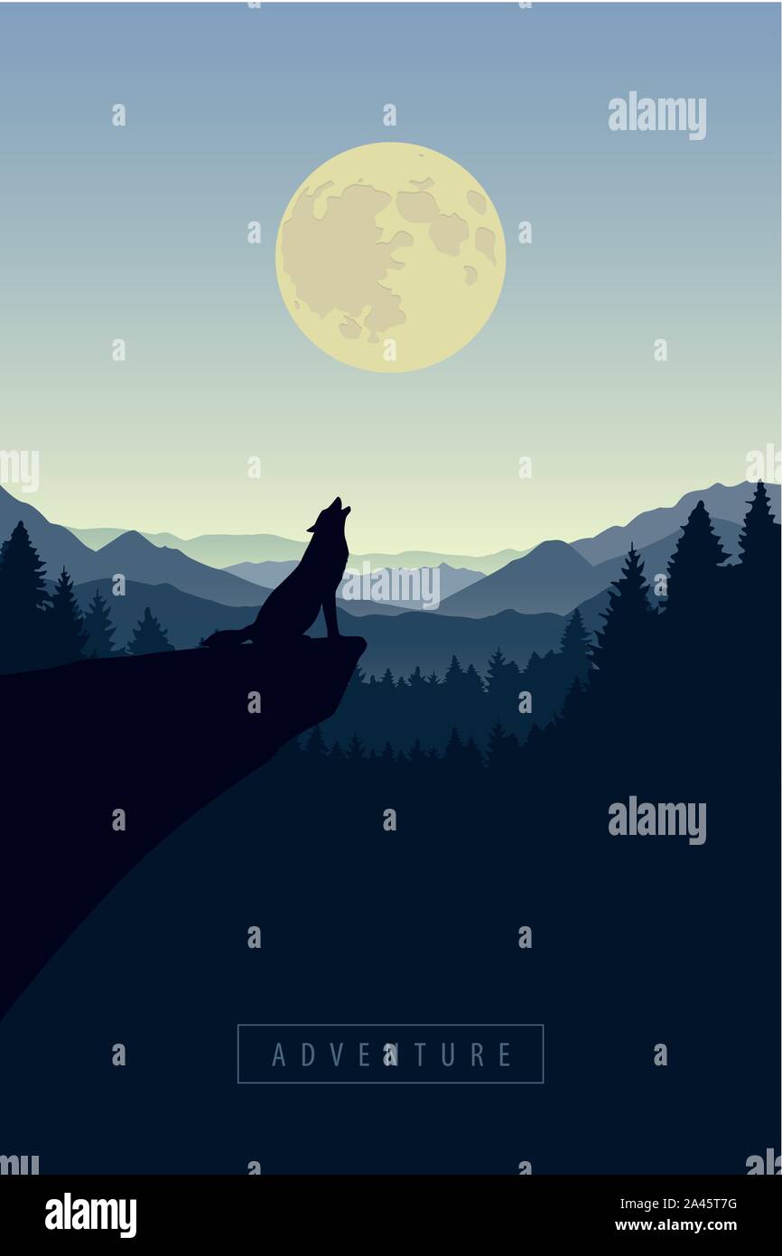 wolf on a cliff howls at full moon blue nature landscape vector ...