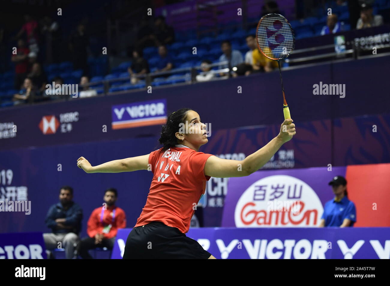 Indian professional badminton player Saina Nehwal competes against Thai ...