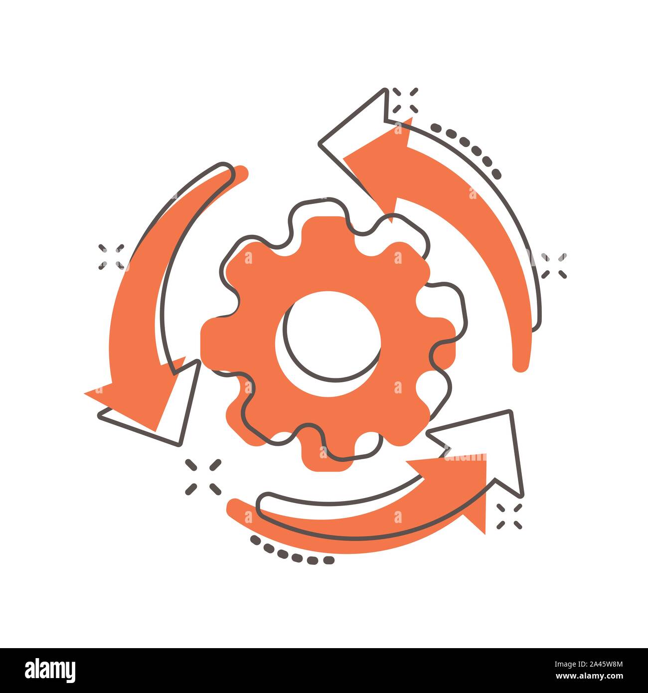 Workflow process icon in comic style. Gear cog wheel with arrows vector cartoon illustration ...