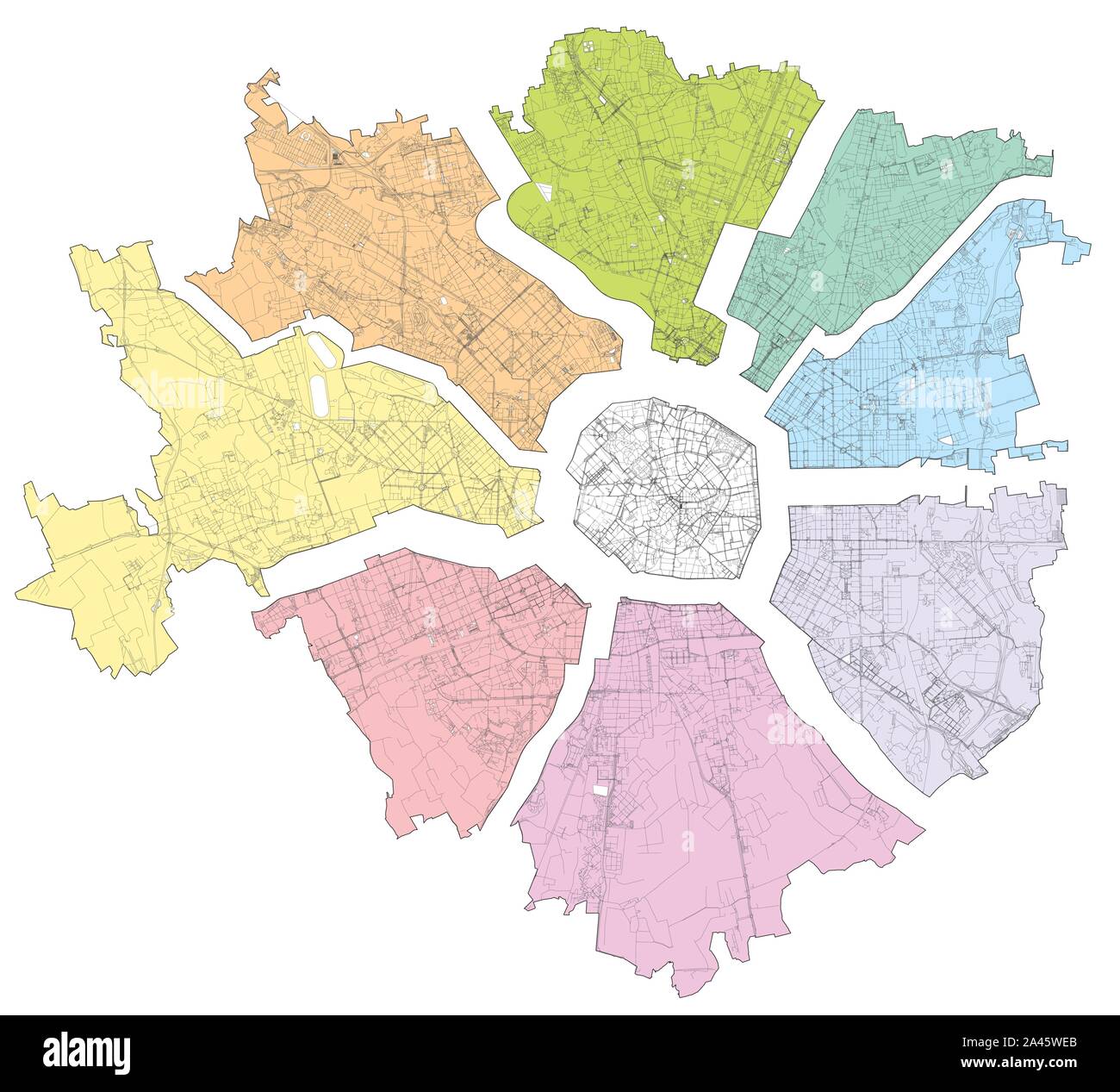 Satellite map of Milan divided into zones and municipalities. Streets ...