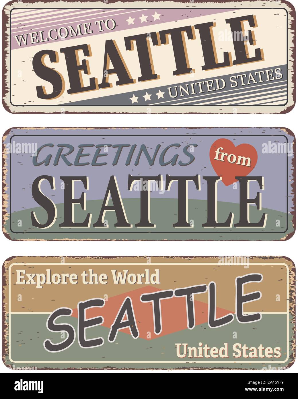 Vintage tin sign set Seattle. Retro souvenirs or old postcard templates ...