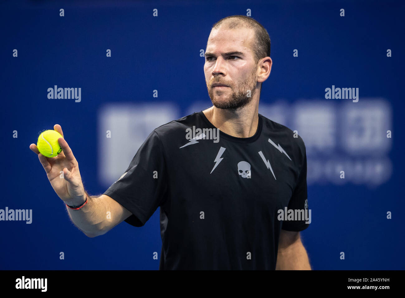 French professional tennis player Adrian Mannarino competes against ...