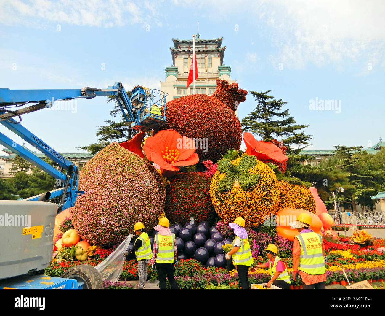 Workers work on a tree mosaiculture on the Changan Boulevard in Beijing ...