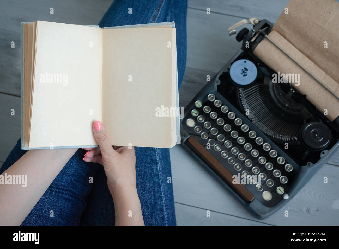 Woman is reading a blank page book with copy space. Student concept ...