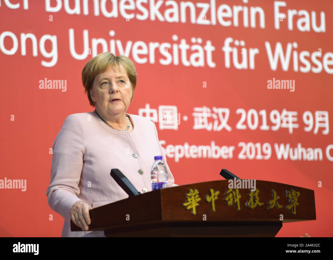 German chancellor Angela Merkel gives a speech at the Wuhan University ...