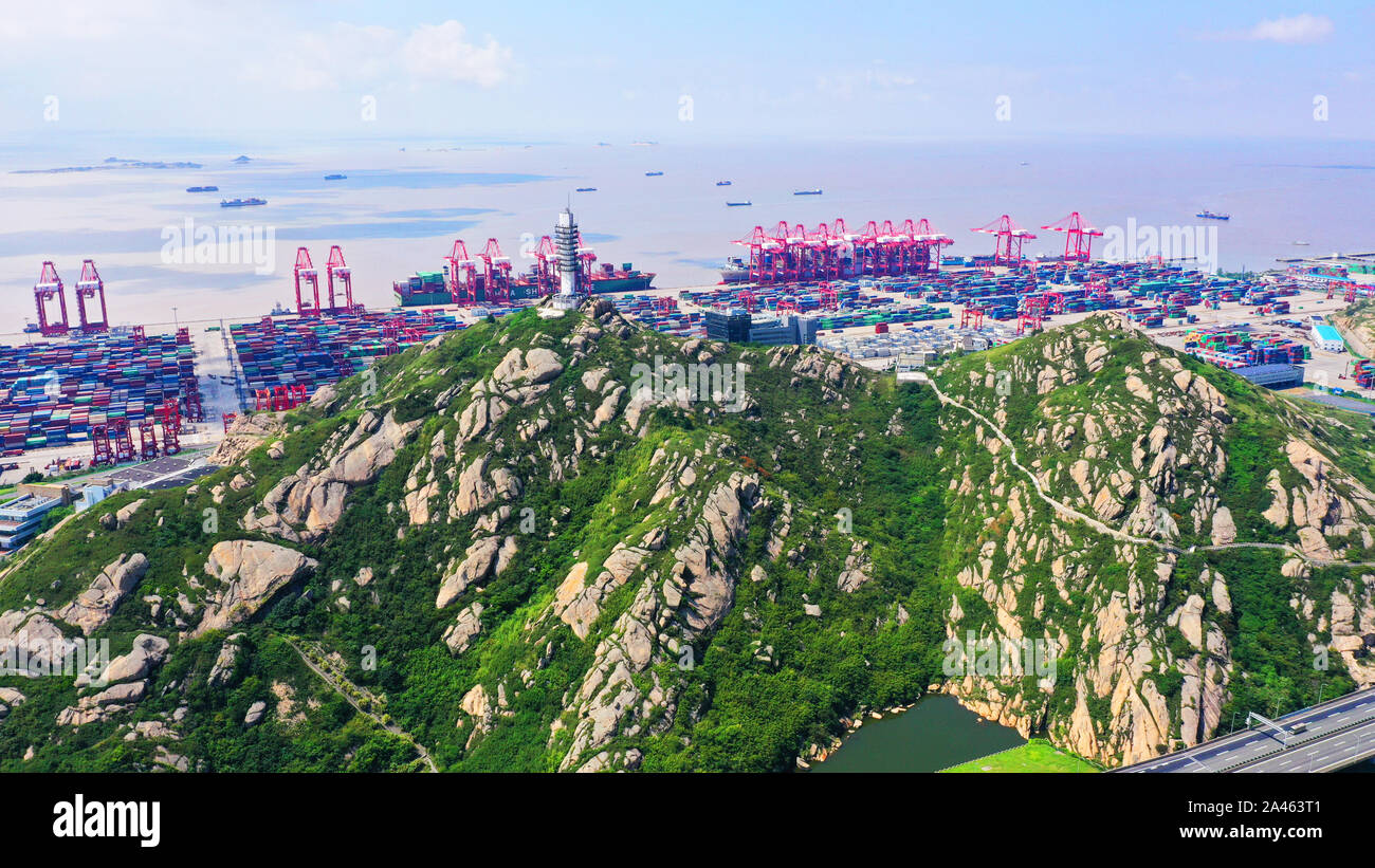 An aerial view of seacoast and harbor at Yangshan Port, a deep water ...