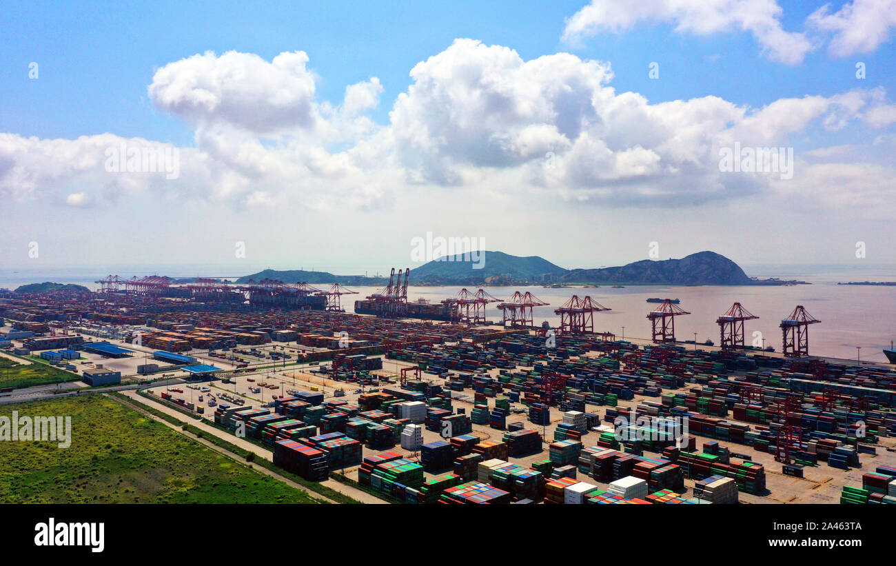 An aerial view of containers stored at Yangshan Port, a deep water port ...