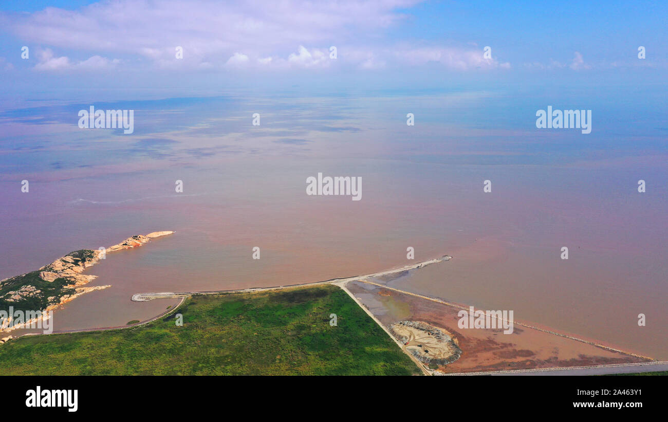 An aerial view of seacoast and harbor at Yangshan Port, a deep water ...