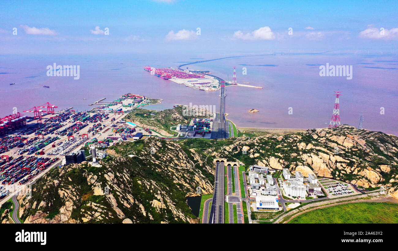 An aerial view of containers stored at Yangshan Port, a deep water port ...
