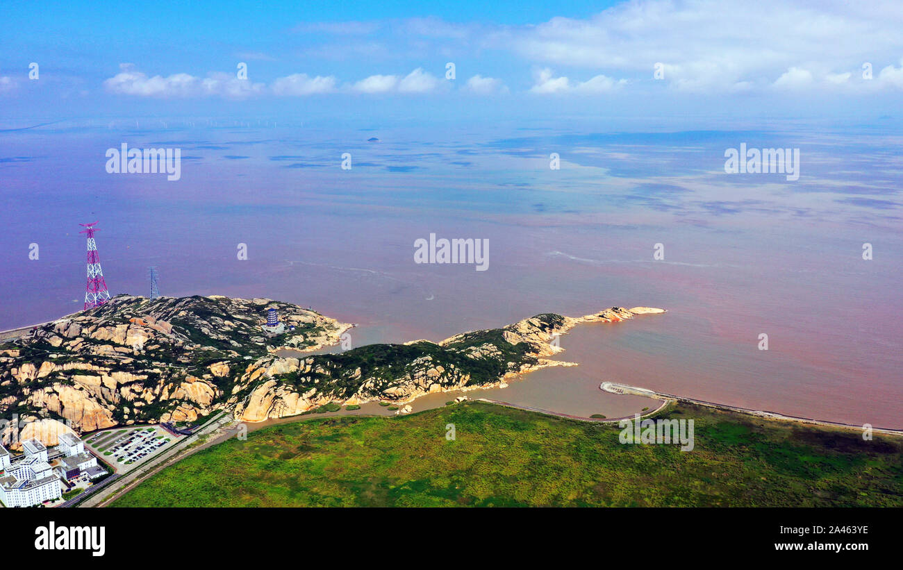 An aerial view of seacoast and harbor at Yangshan Port, a deep water ...