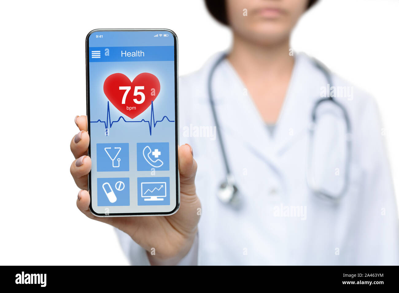 Female doctor demontrating smartphone with health rate information on ...