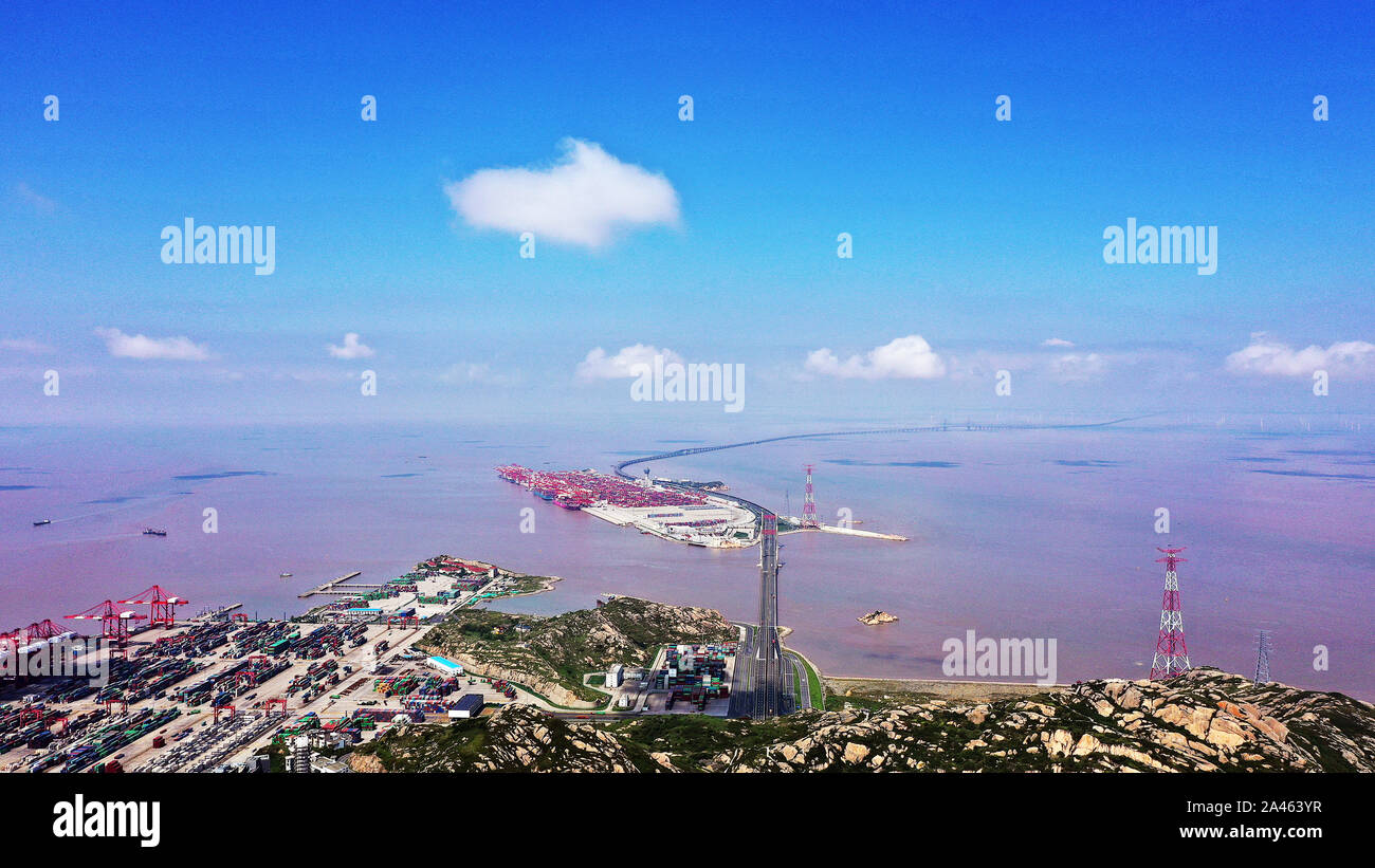 An aerial view of seacoast and harbor at Yangshan Port, a deep water ...