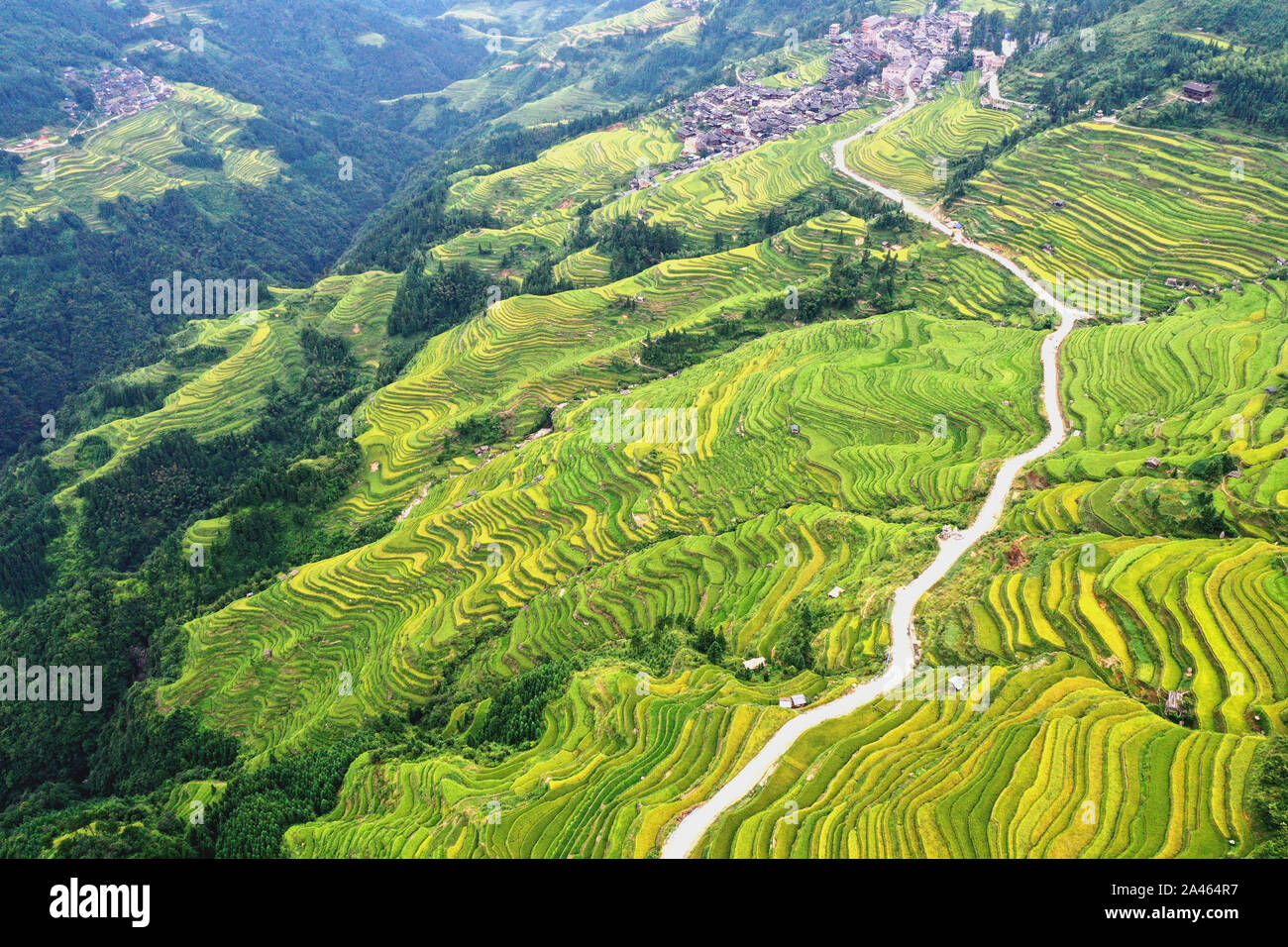 An aerial view of the Jiabang Terraced Fields in Congjiang county ...