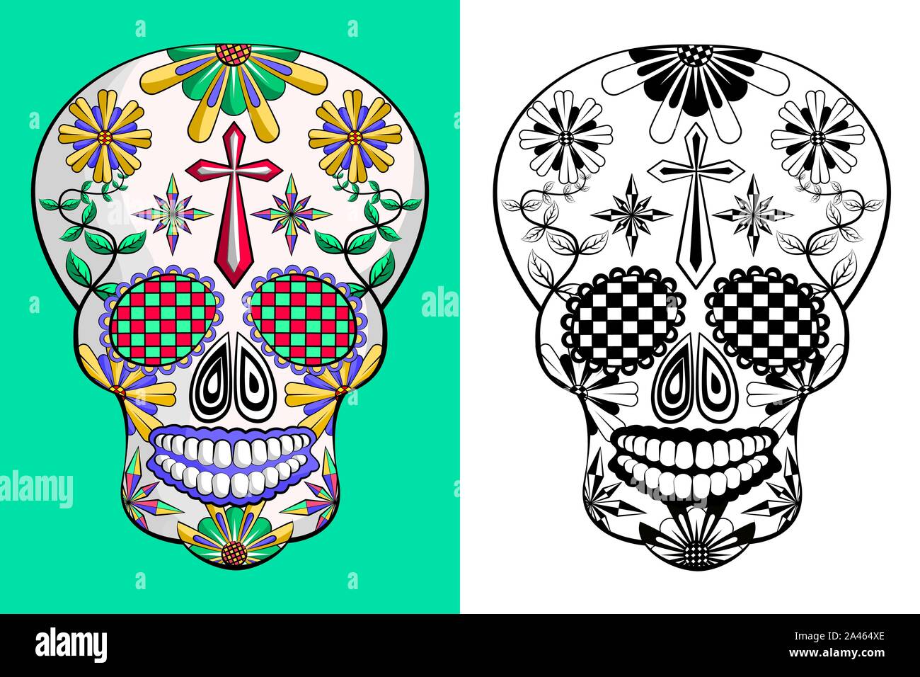 Day of the dead, Mexican sugar skull on green and white background ...