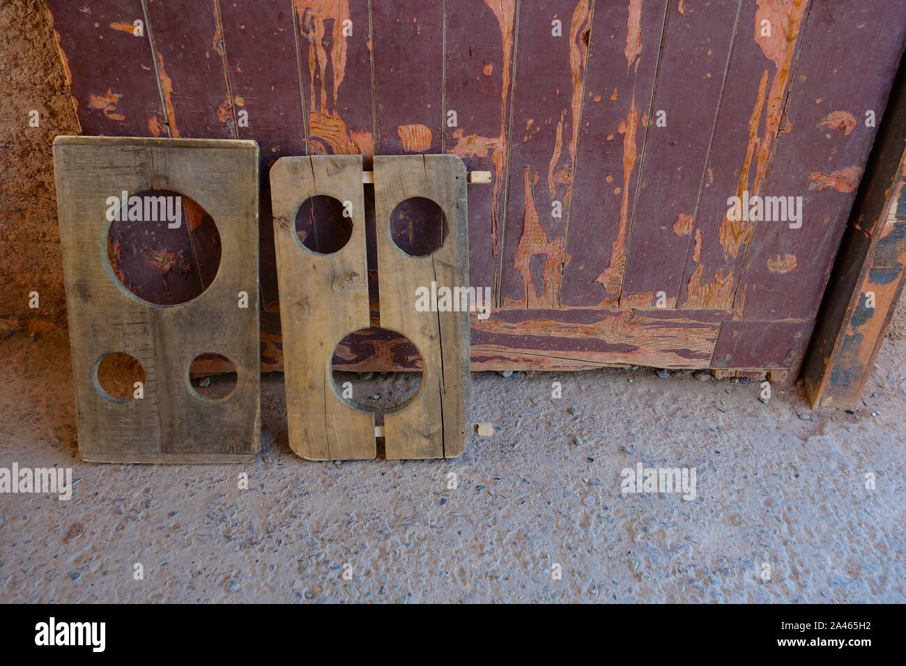 Traditional wooden handcuffs in ancient Yangguan pass on the silk road ...