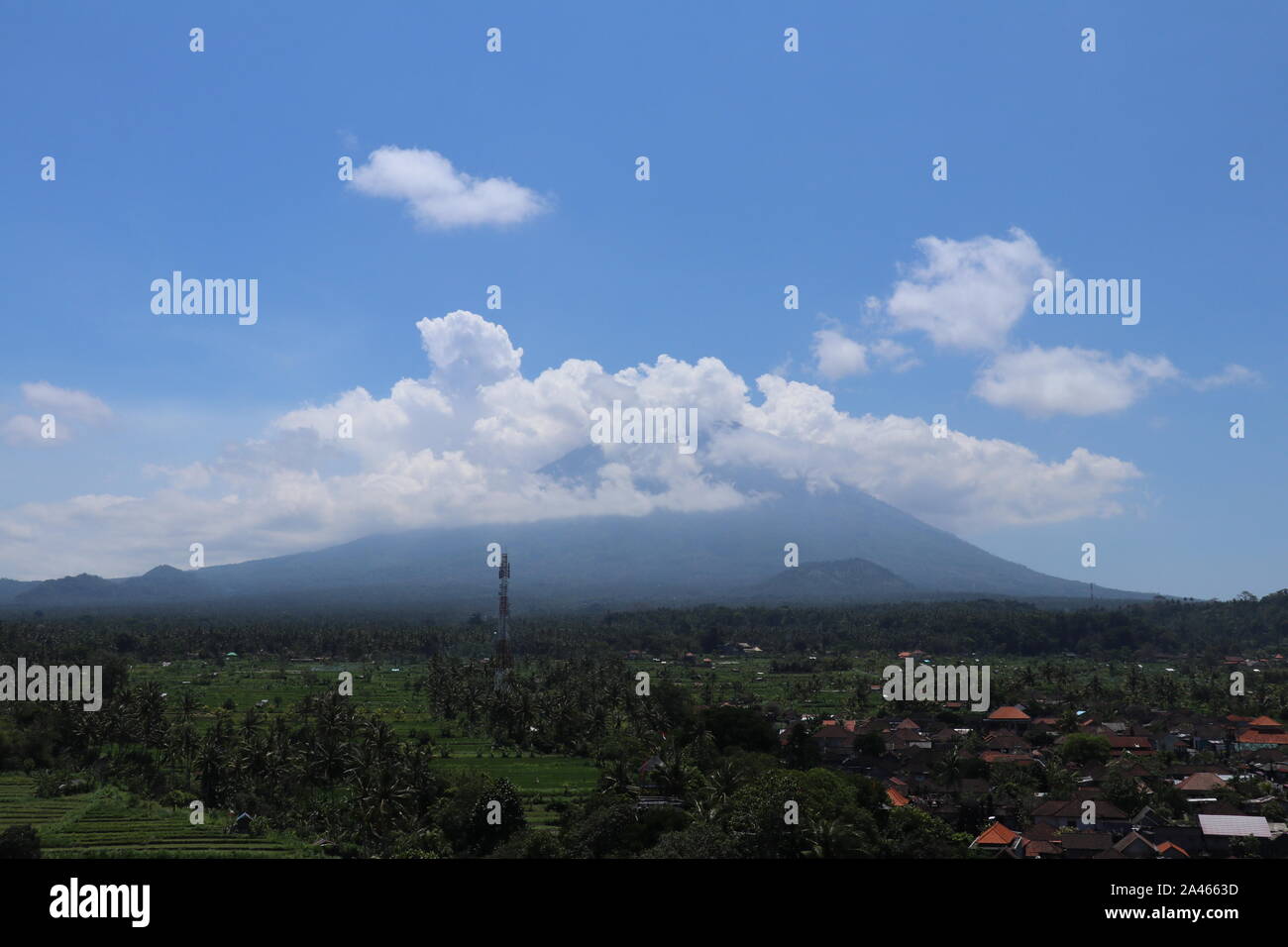 Aerial view of majestic Gunung Agung volcano on tropical Bali island in ...