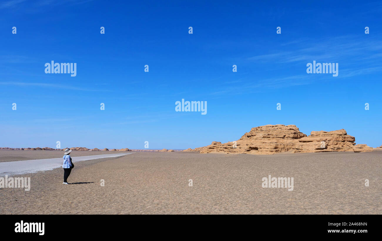 Nature landscape view of Yardang landform under sunny blue sky in ...