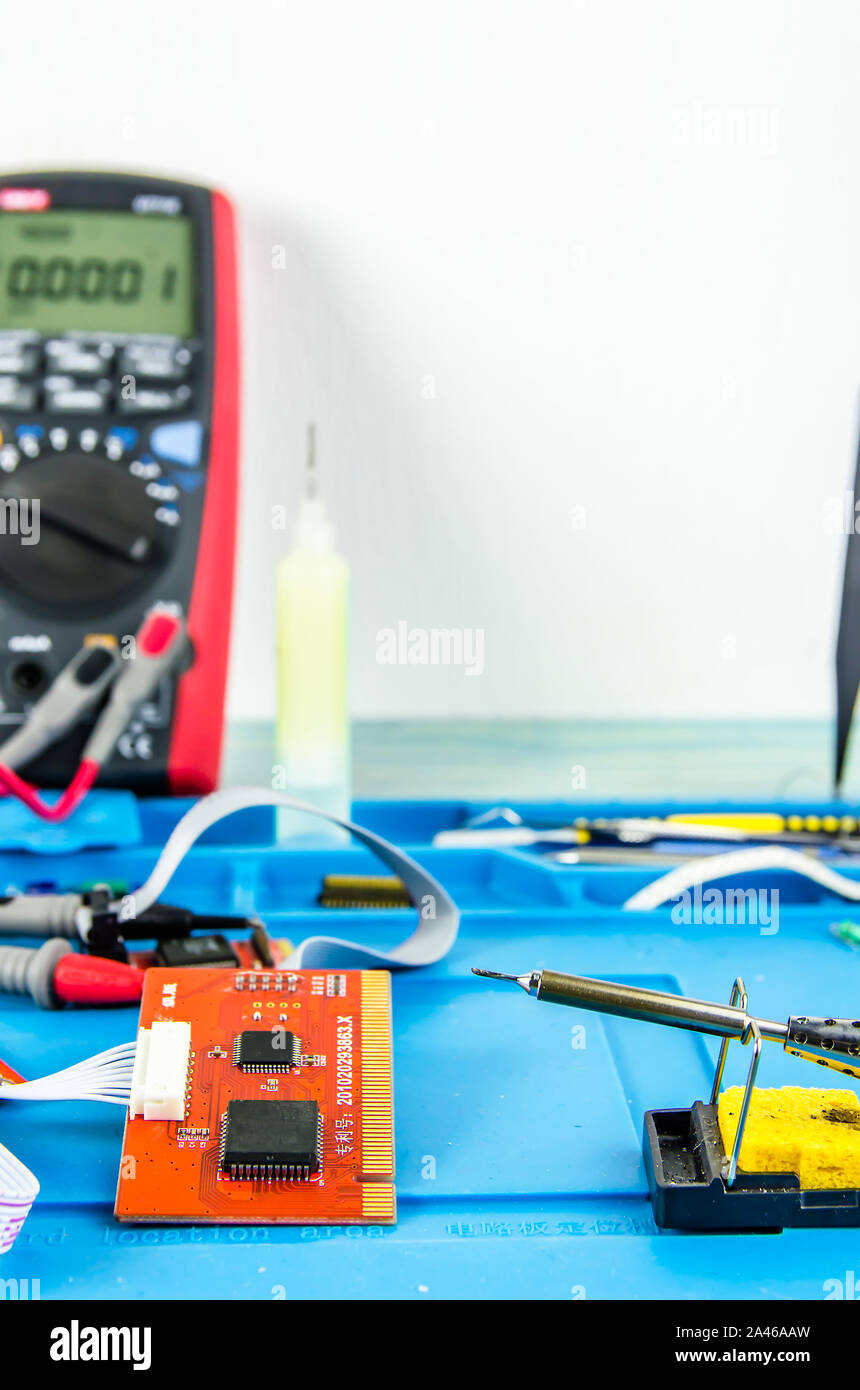 The electrician's workplace. Electronics. Schemes soldering iron ...