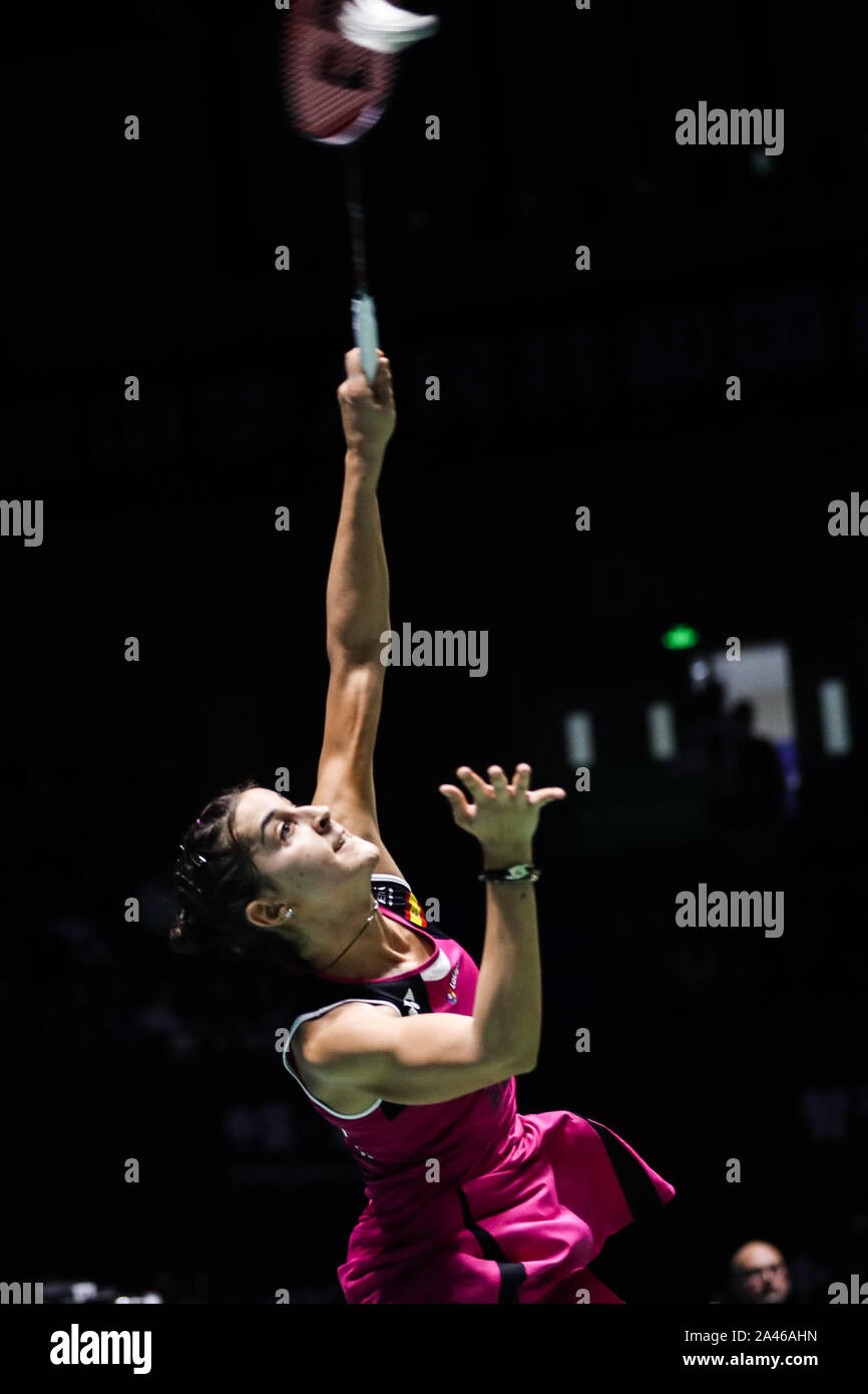Spanish professional badminton player Carolina Marin competes against ...