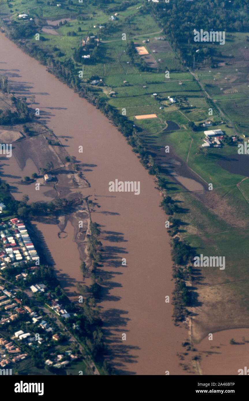 Air view of the high raised Brisbane river caused by severe flooding ...