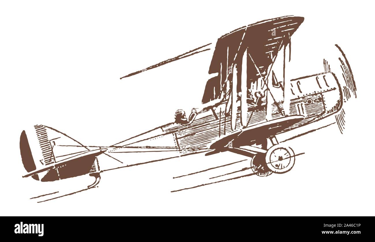 Ascending historical single-engine biplane. Illustration after a ...