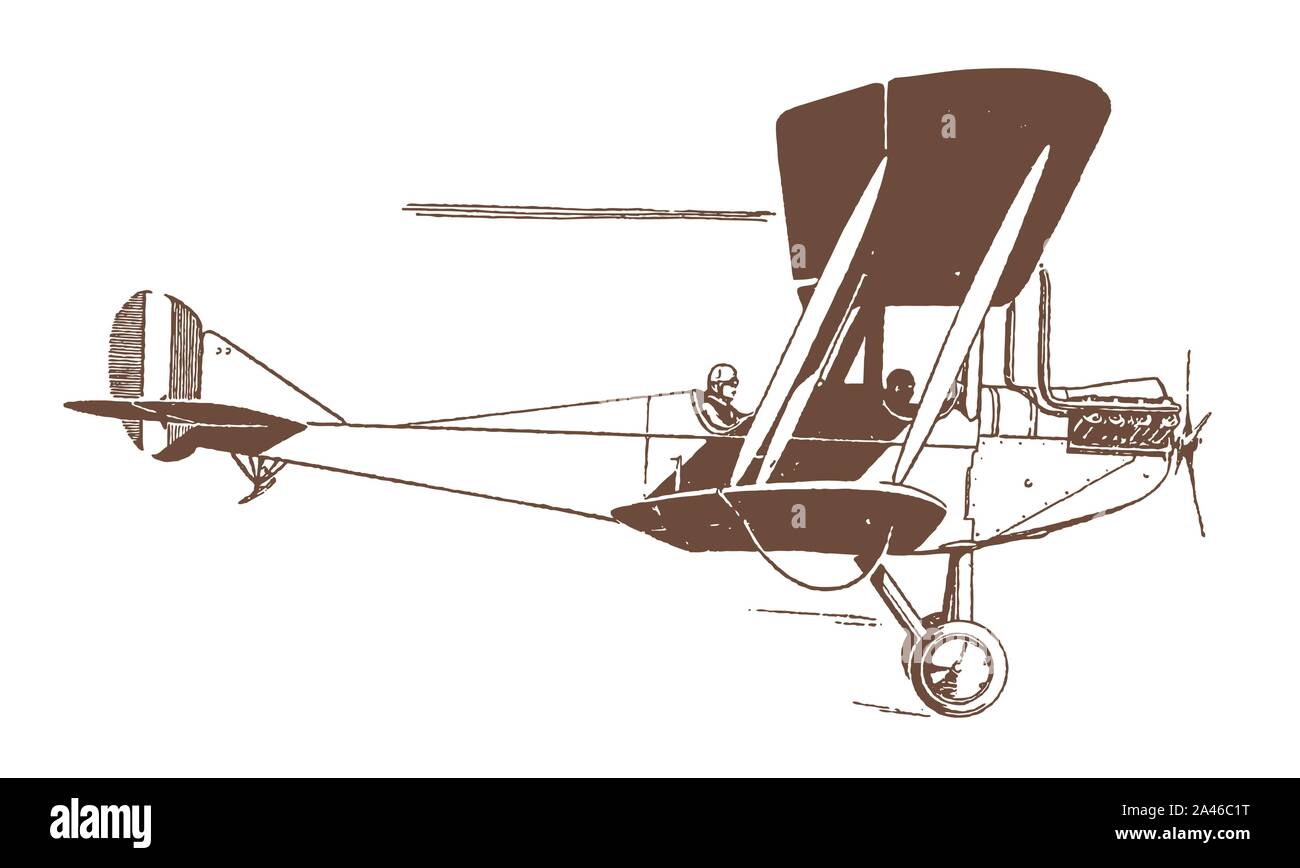 Flying historic two-seater biplane aircraft in side view. Illustration ...