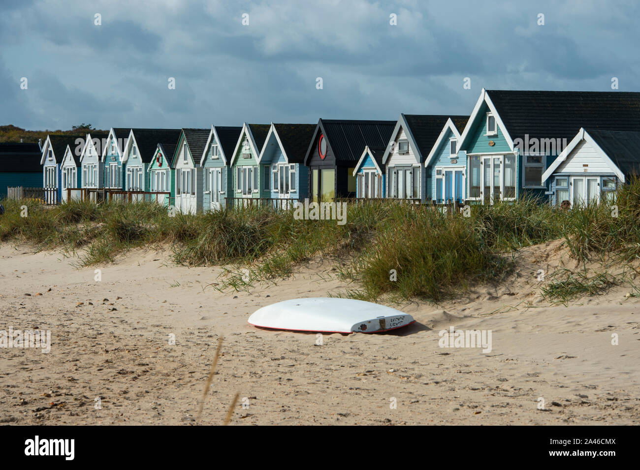 Holiday Beach huts along the picturesque Mudeford Spit at Hengistbury ...