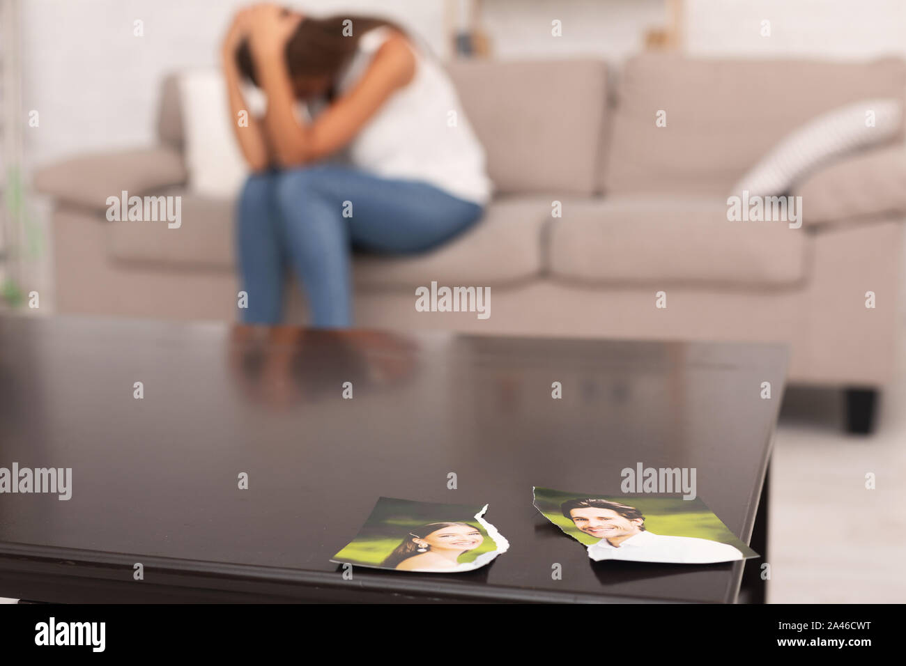 Depressed Girl Crying Sitting On Couch After Breakup Indoor Stock Photo ...