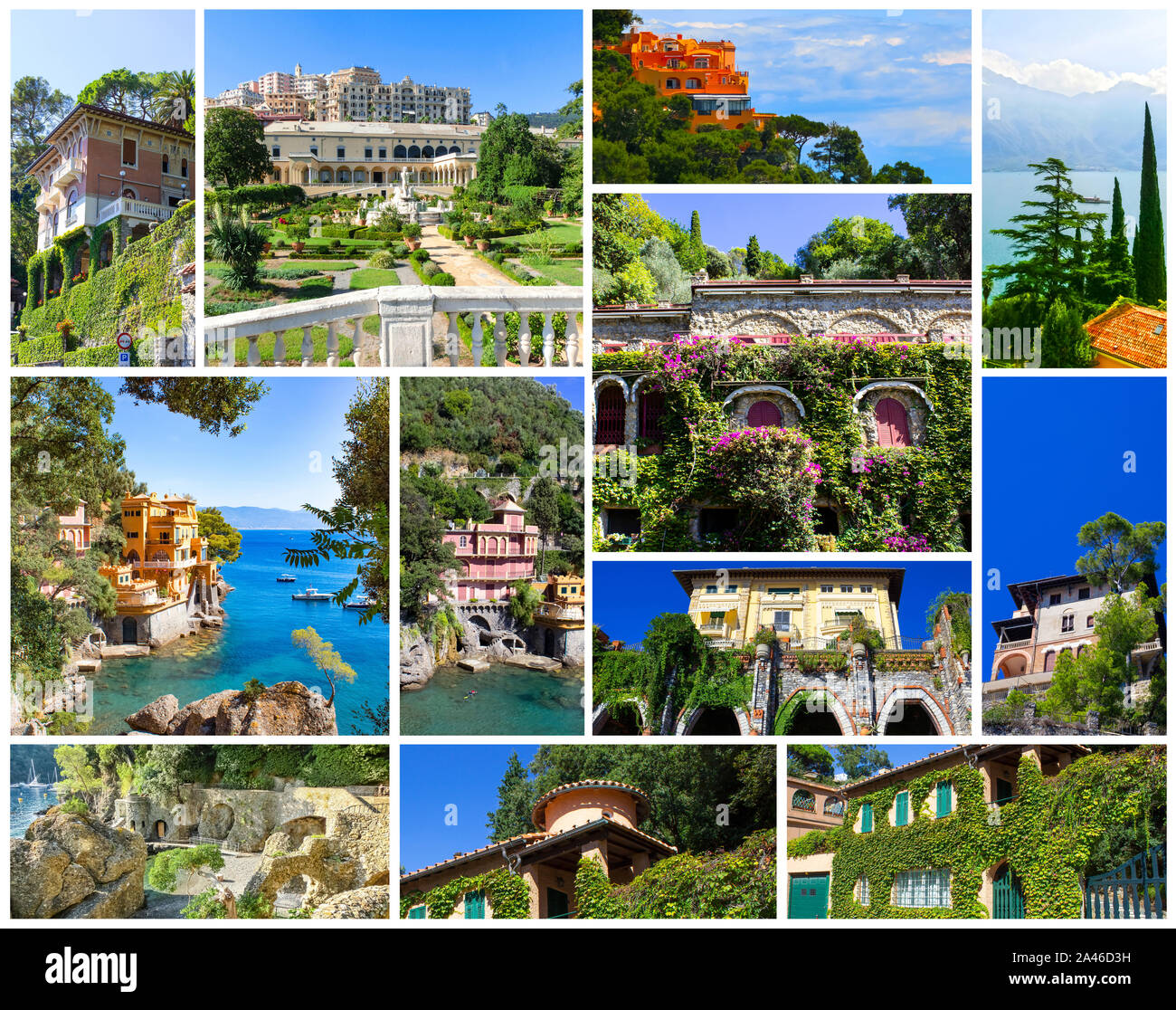 Collage about beautiful bay with colorful villas in Portofino, Capri at ...