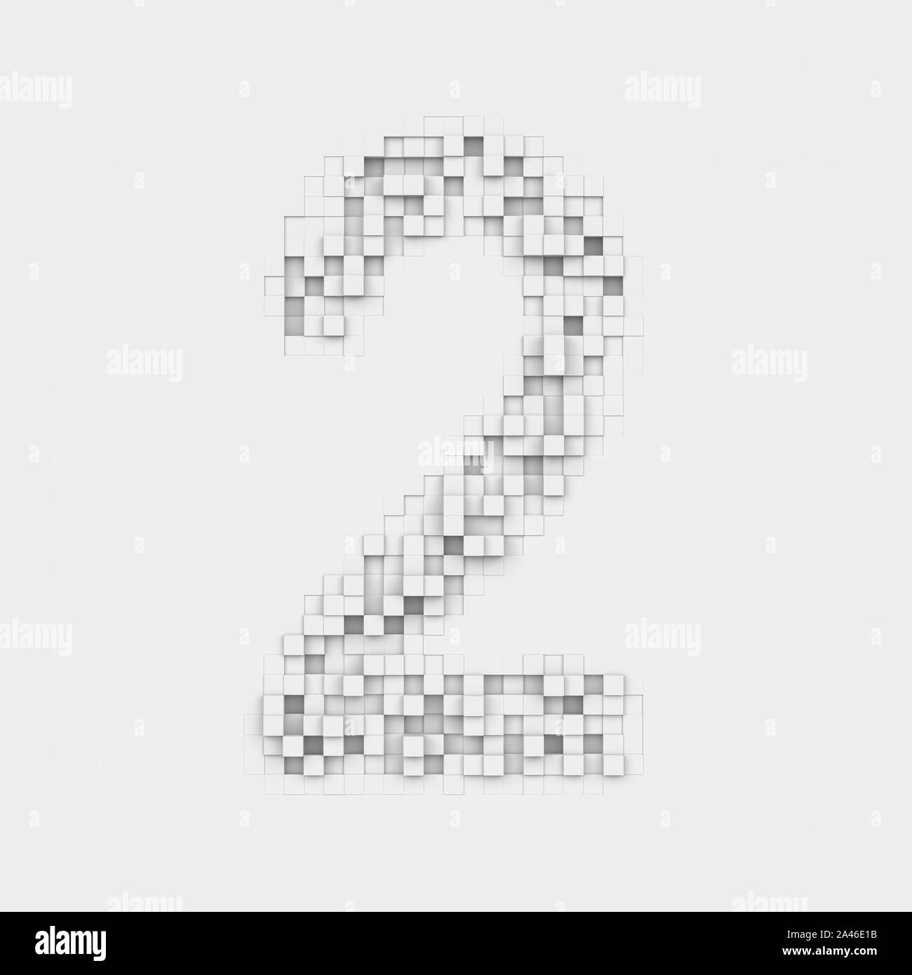 3d rendering of number 2 made up of white square uneven tiles on white ...