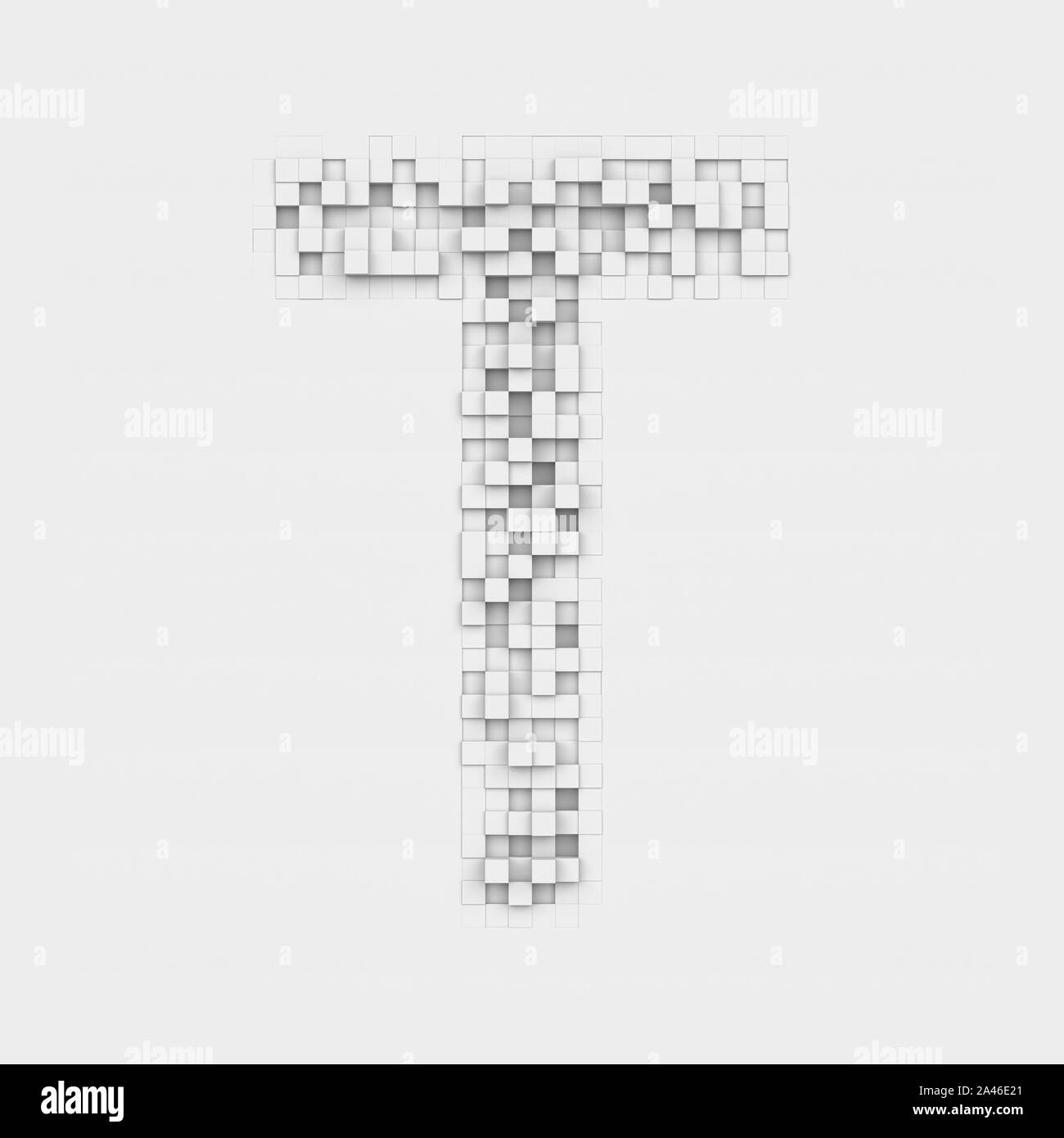 3d rendering of large letter T made up of white square uneven tiles on ...