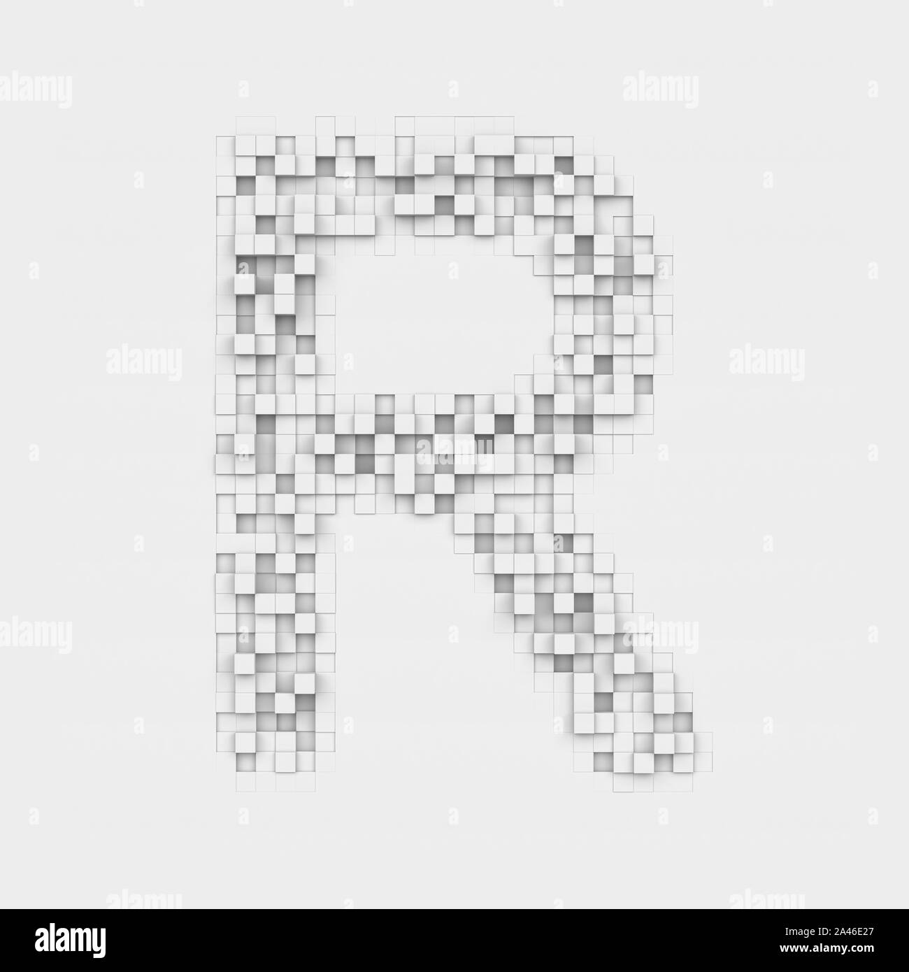 3d rendering of large letter R made up of white square uneven tiles on ...