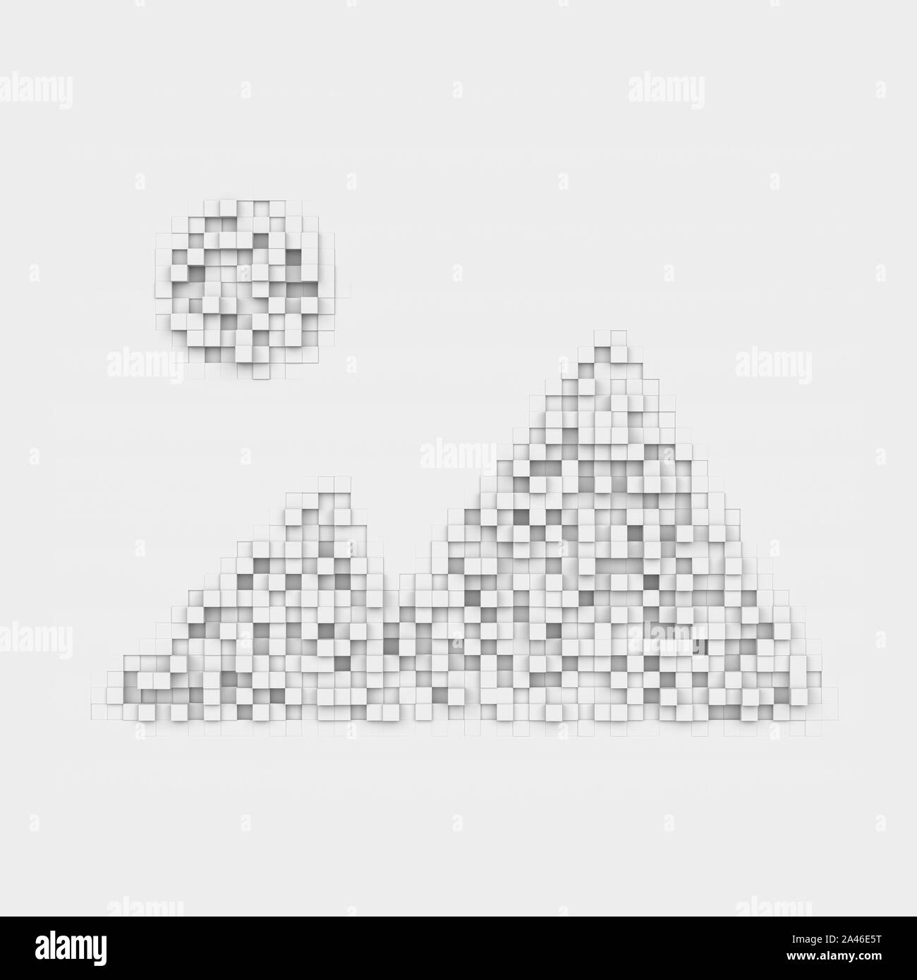 3d rendering of a white mountains and sun icon made up of many square ...