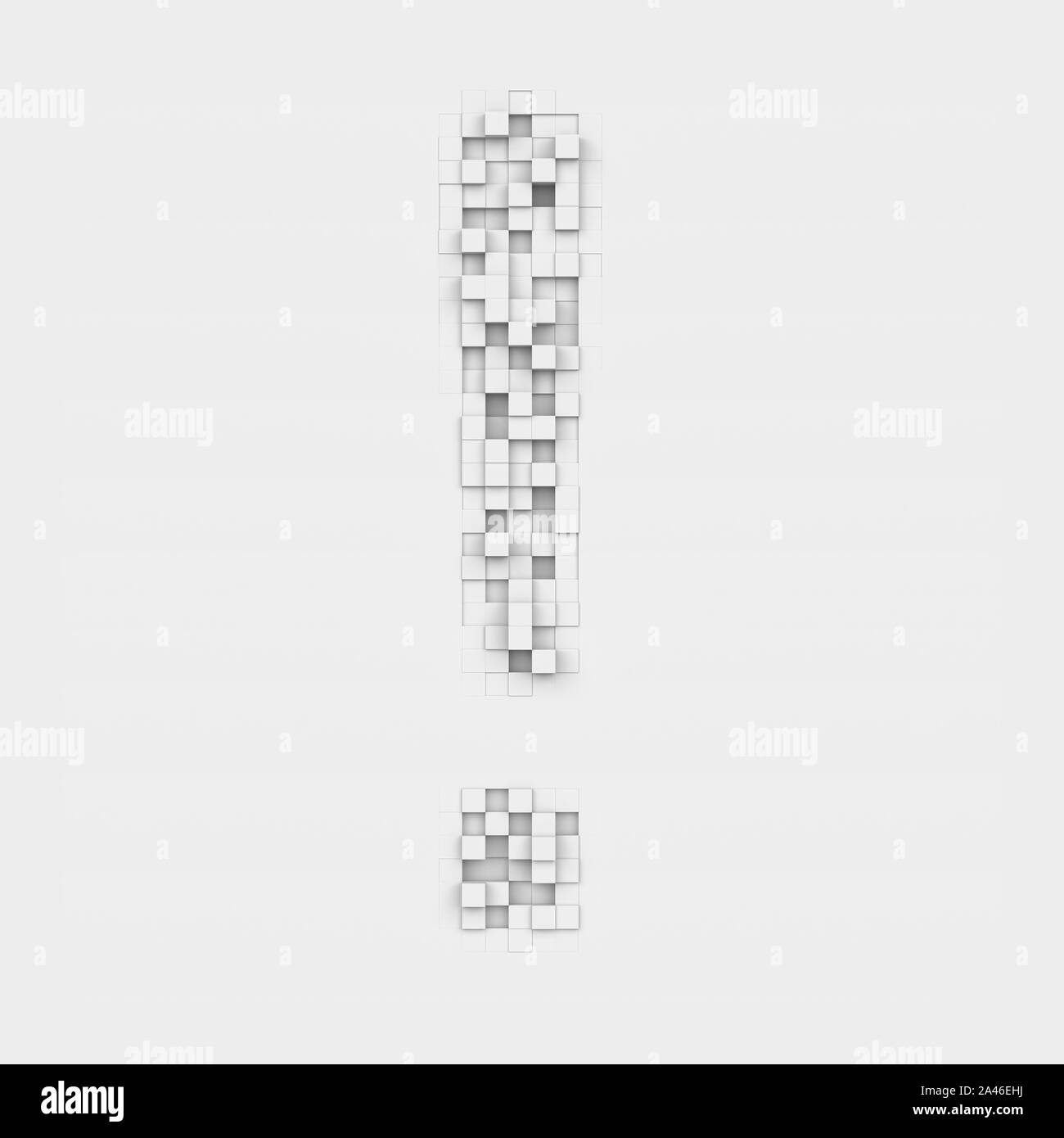 3d rendering of large exclamation mark made up of white square uneven ...