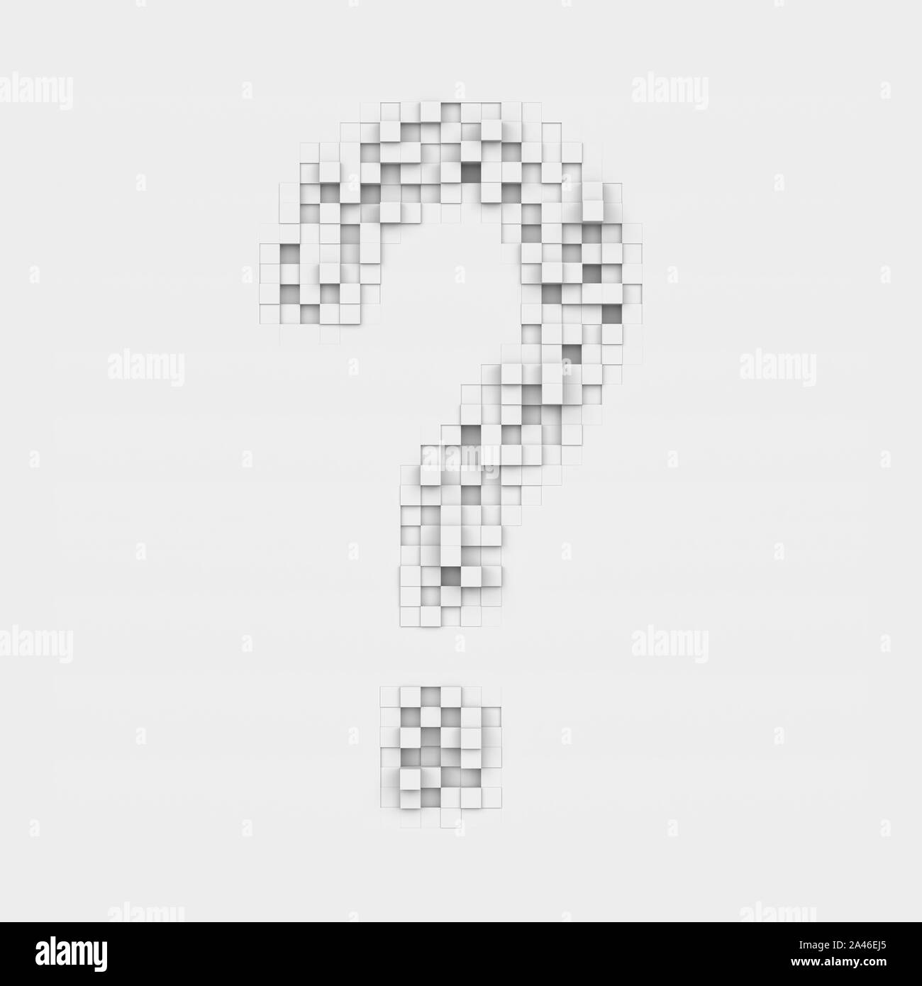 3d rendering of large question mark made up of white square uneven ...