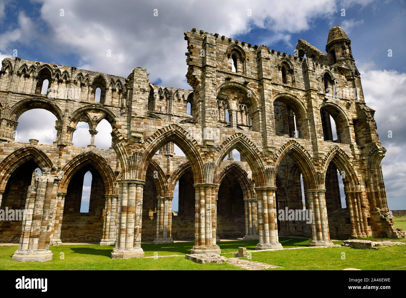 Stone arches and pillars of the 13th century Gothic ruins of Whitby ...