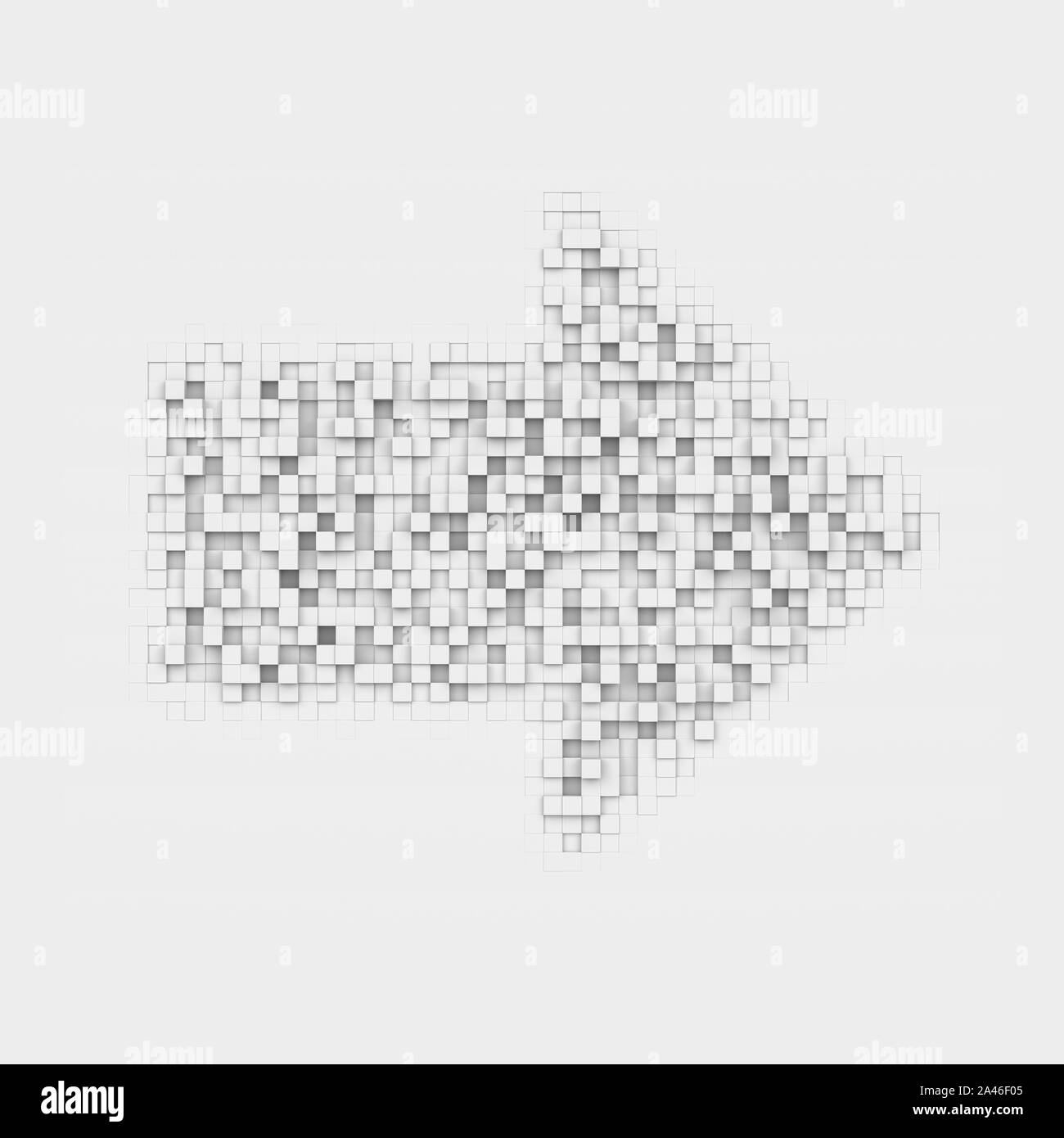 3d rendering of large arrow symbol made up of white square uneven tiles ...