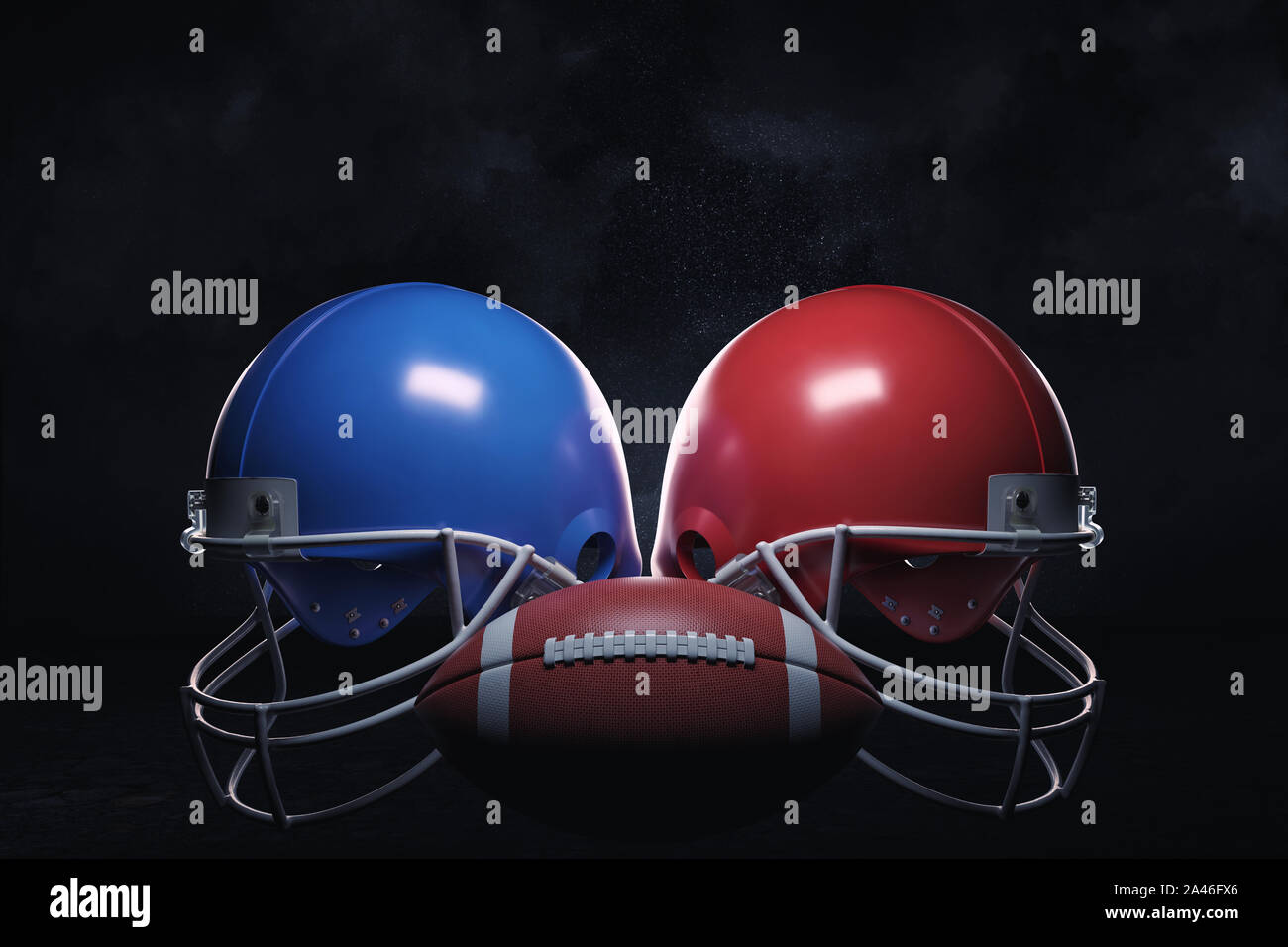3d rendering of a leather ball standing between two American football ...