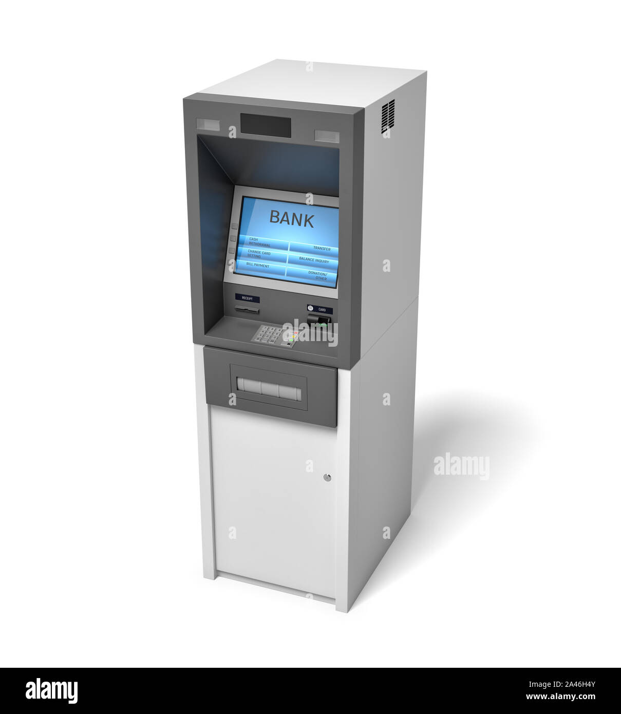3d rendering of an isolated bank ATM machine with a lit blue screen and ...