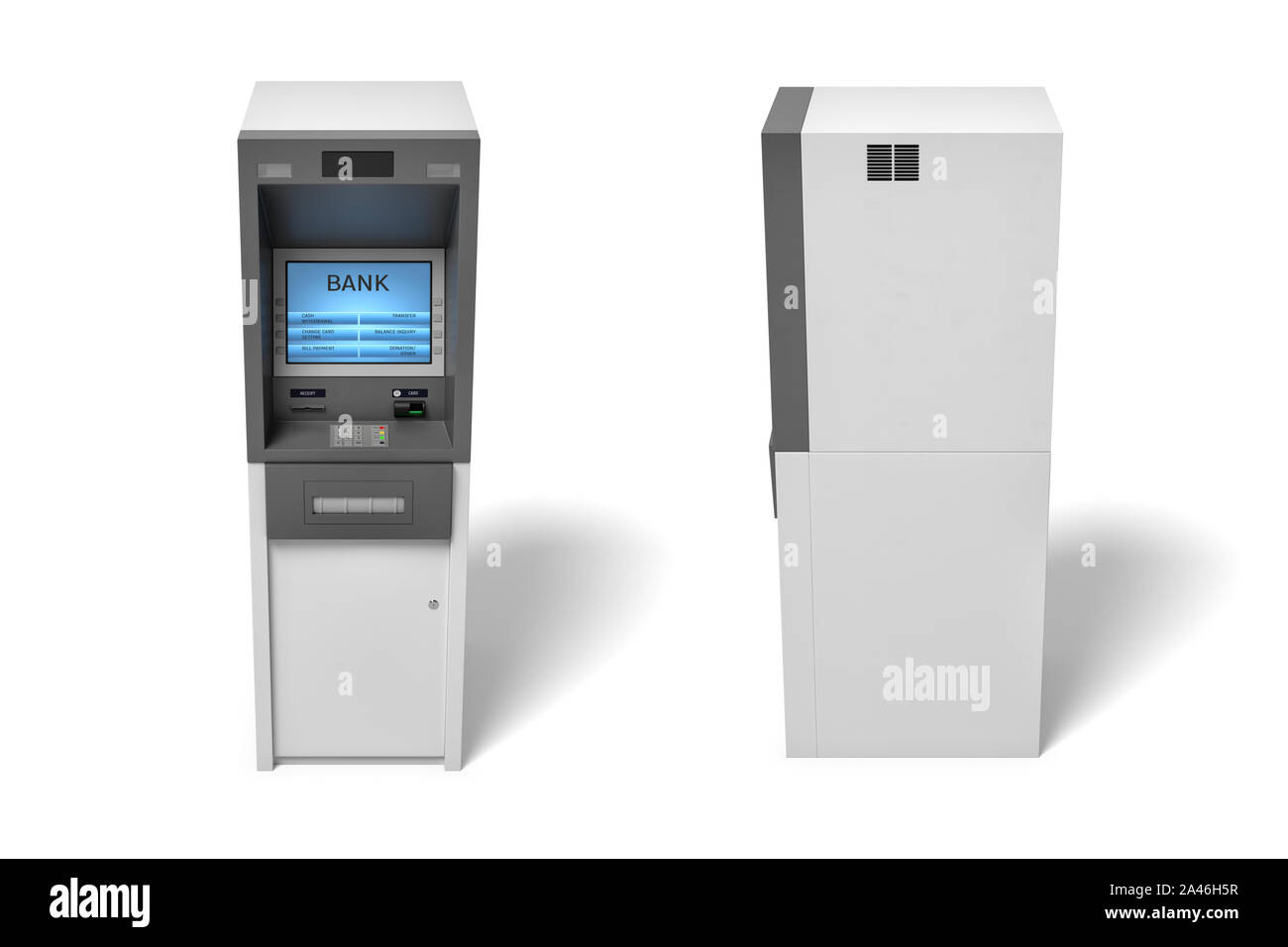 3d rendering of an isolated bank ATM machine with a lit blue screen and some white options ...