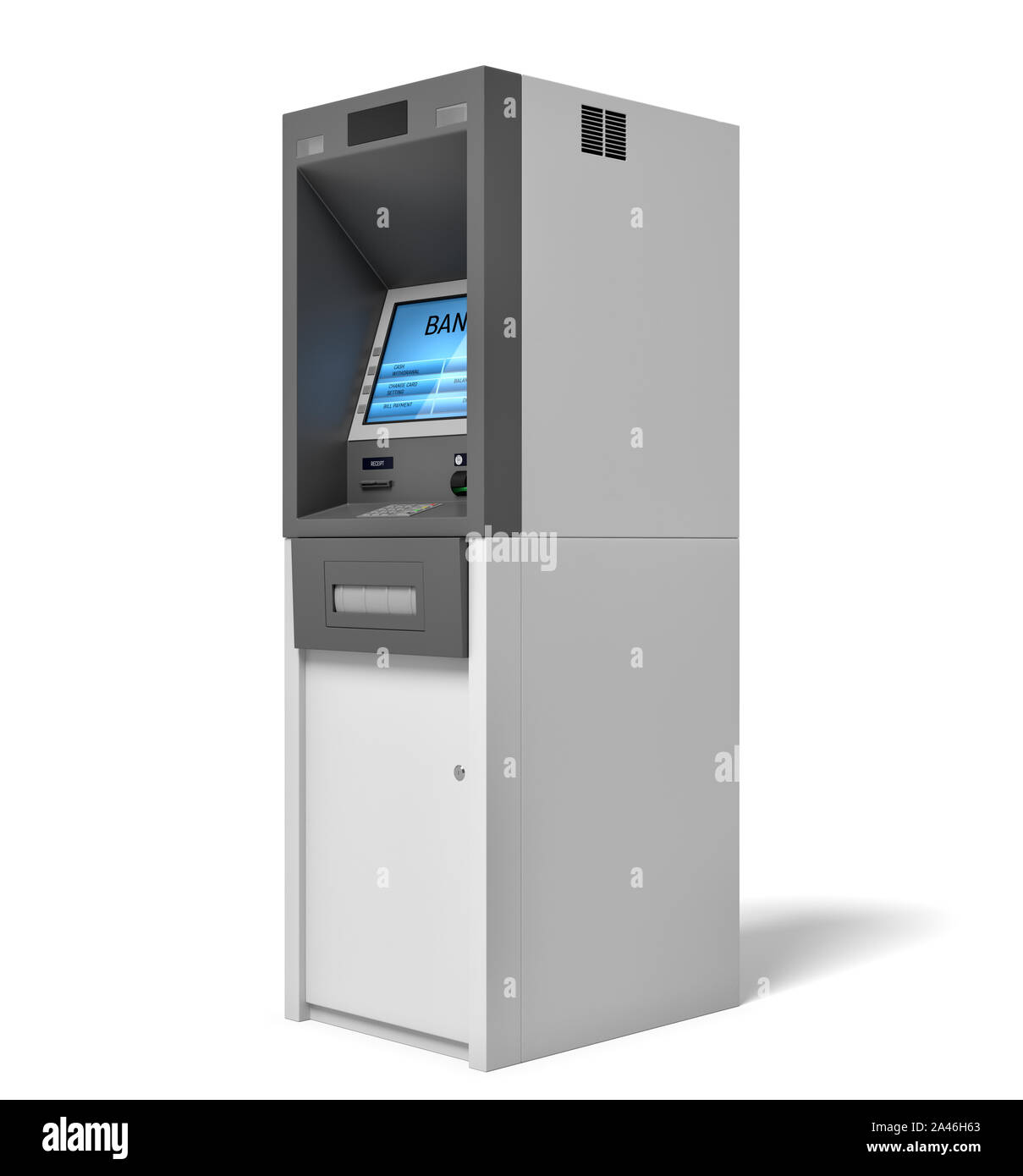 3d rendering of an isolated bank ATM machine with a lit blue screen and some white options ...